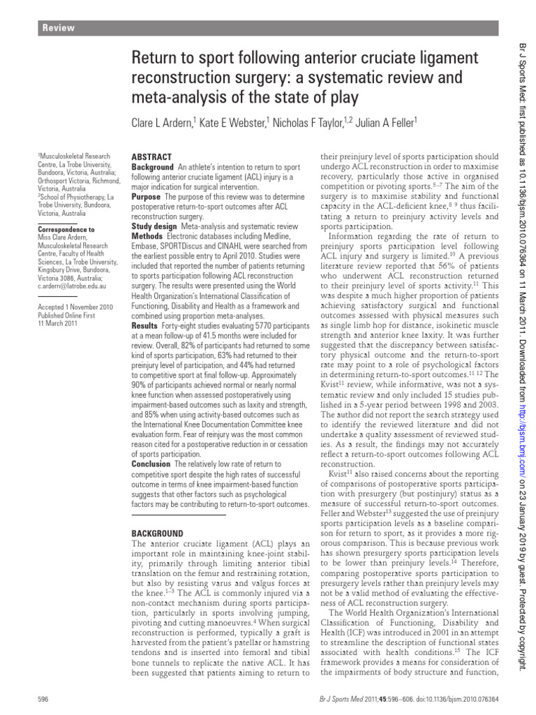 Return To Sport Following Anterior Cruciate Ligament Reconstruction Surgery: A Systematic Review ...