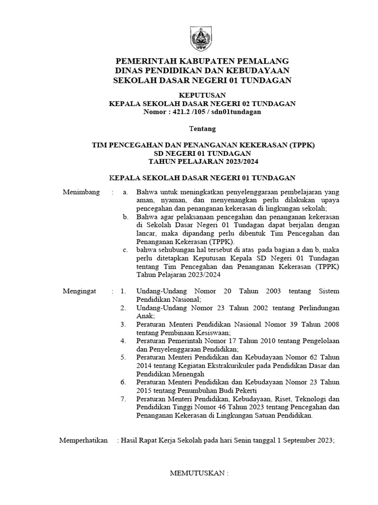 SK TPPK SD Negeri 01 Tundagan 2023/2024 | PDF