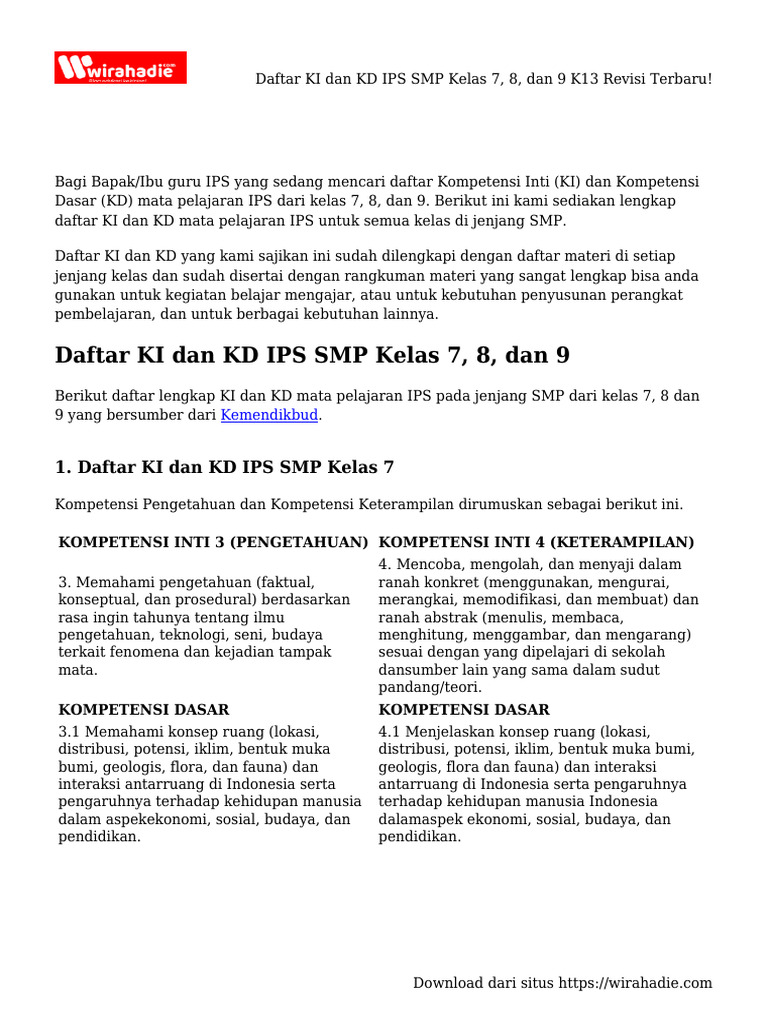 KI dan KD IPS SMP Kelas 7-9 K13 Terbaru | PDF