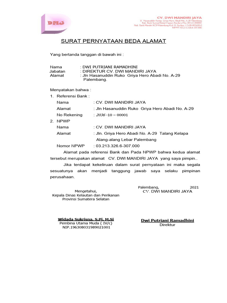Surat Pernyataan Beda Alamat | PDF