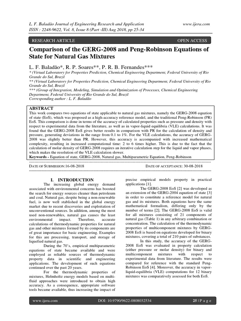 GERG-2008 vs. Peng-Robinson EoS Comparison | PDF | Chemistry | Physical ...