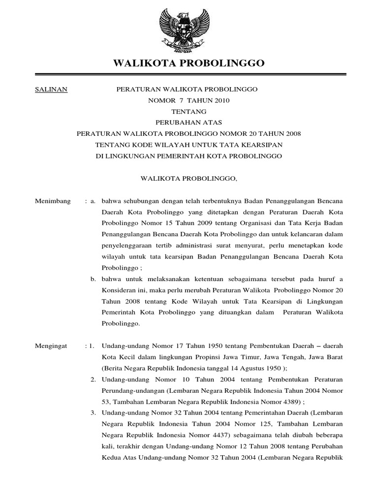 Perwali No. 7 TH 2010 TTG Kode Wilayah 2010 | PDF | Griya & Taman