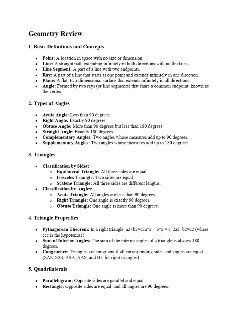 Basic Geometry Concepts Review | PDF | Triangle | Angle