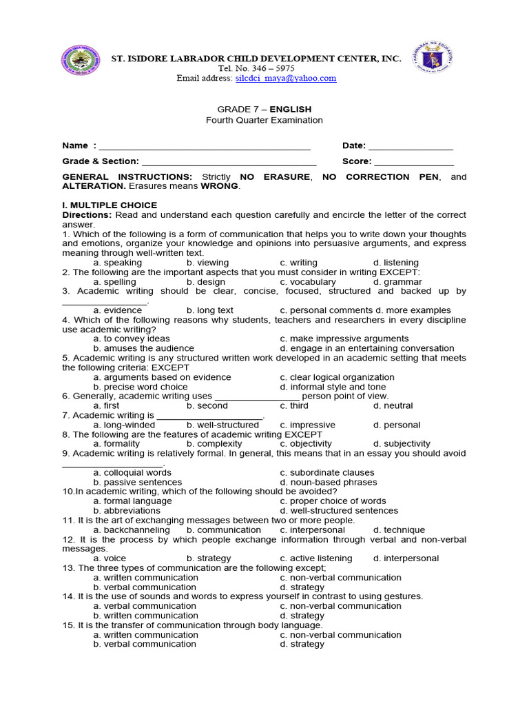 English 7 Summative-Test | PDF | Communication | Nonverbal Communication