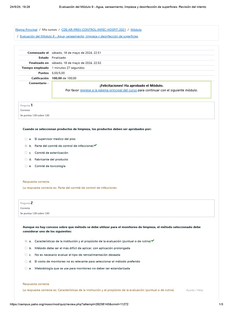 Evaluación Del Módulo 9 - Agua, Saneamiento, Limpieza y Desinfección de Superficies - Revisión ...