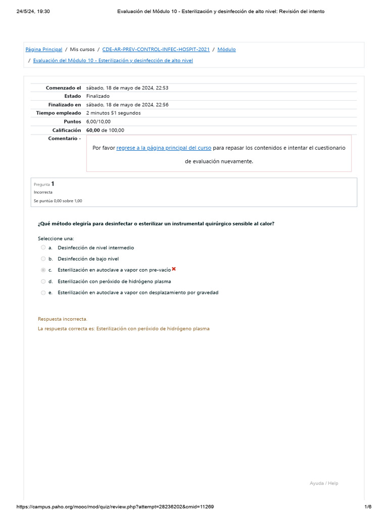 Evaluación del Módulo 10 - Esterilización y desinfección de alto nivel_ Revisión del intento ...