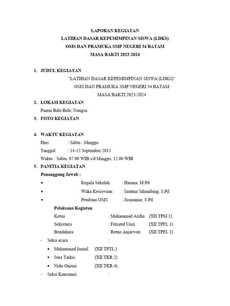Laporan Kegiatan Ldks Smpn 34 Batam Pdf