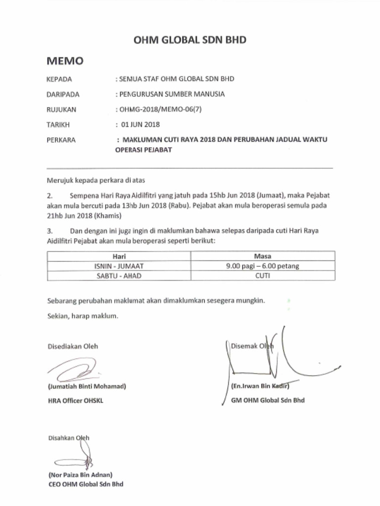 Memo Cuti Raya | PDF
