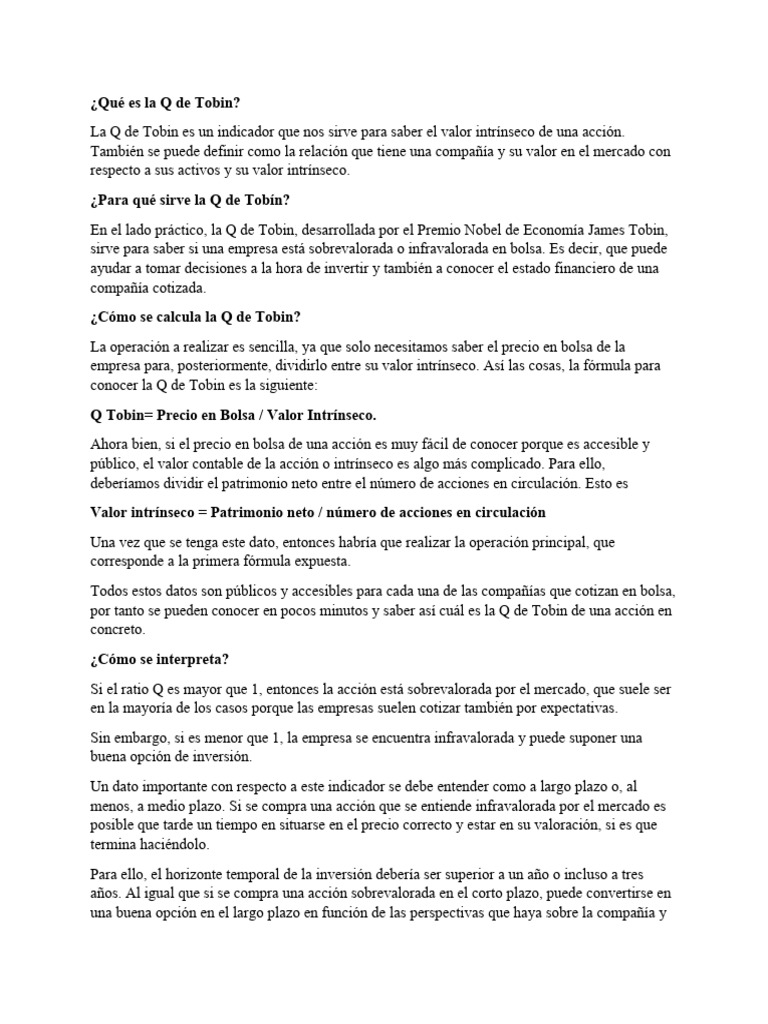 Qué Es La Q de Tobin | PDF | Compartir (Finanzas) | Bolsa