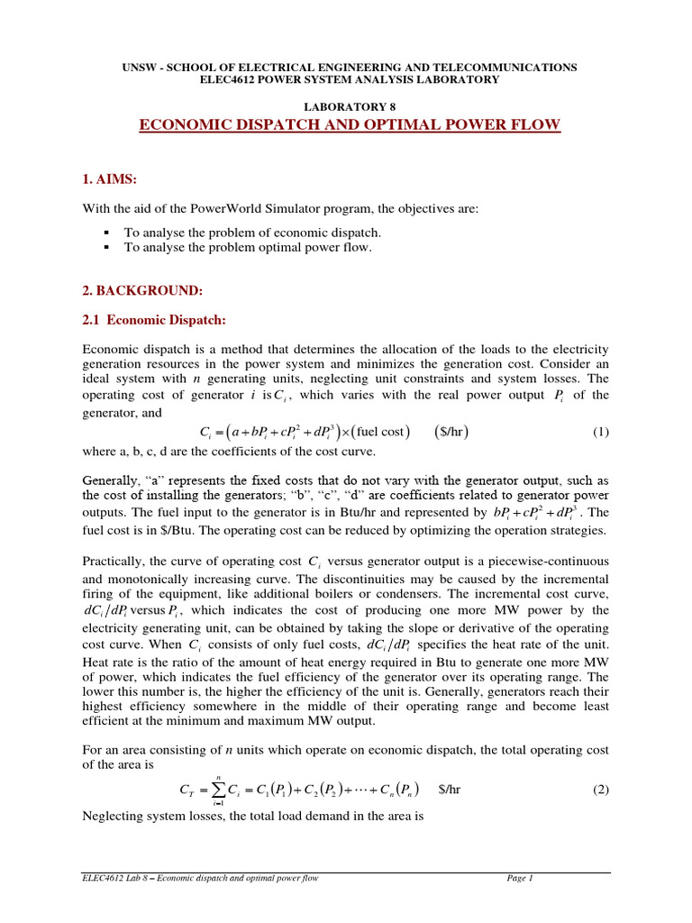 Economic Dispatch and Optimal Power Flow: 1. AIMS | PDF ...