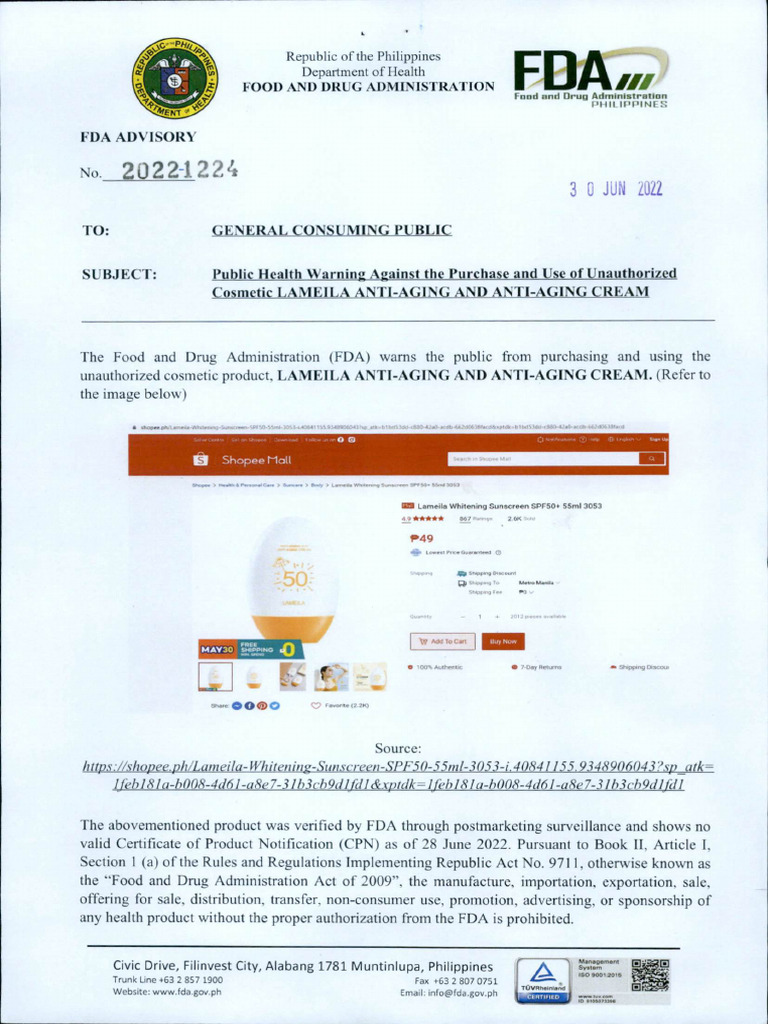 FDA Advisory No.2022 1224 | PDF