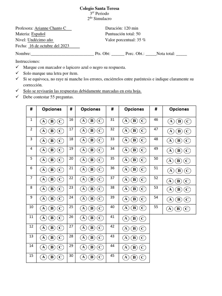 Hoja de Respuesta para EXAMEN | PDF
