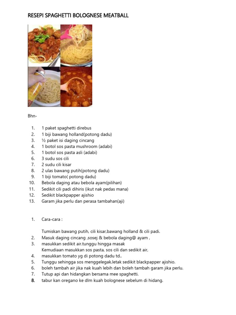 Resepi Spaghetti Bolognese Meatball | PDF