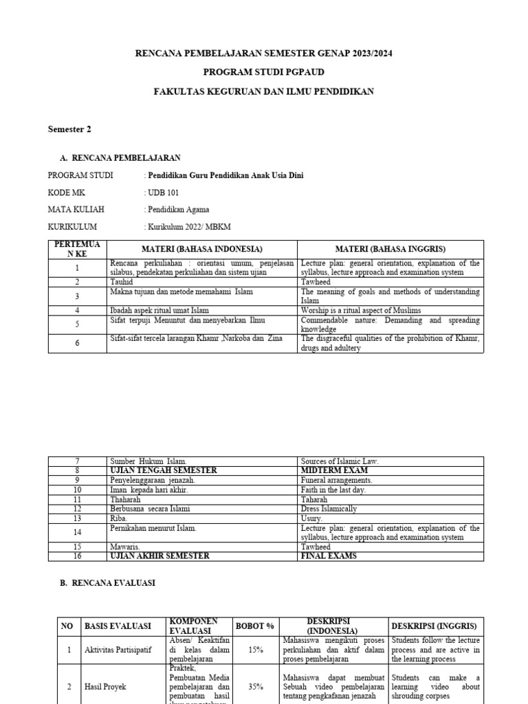 Final PGPAUD FORM RENCANA PEMBELAJARAN DAN EVALUASI | PDF