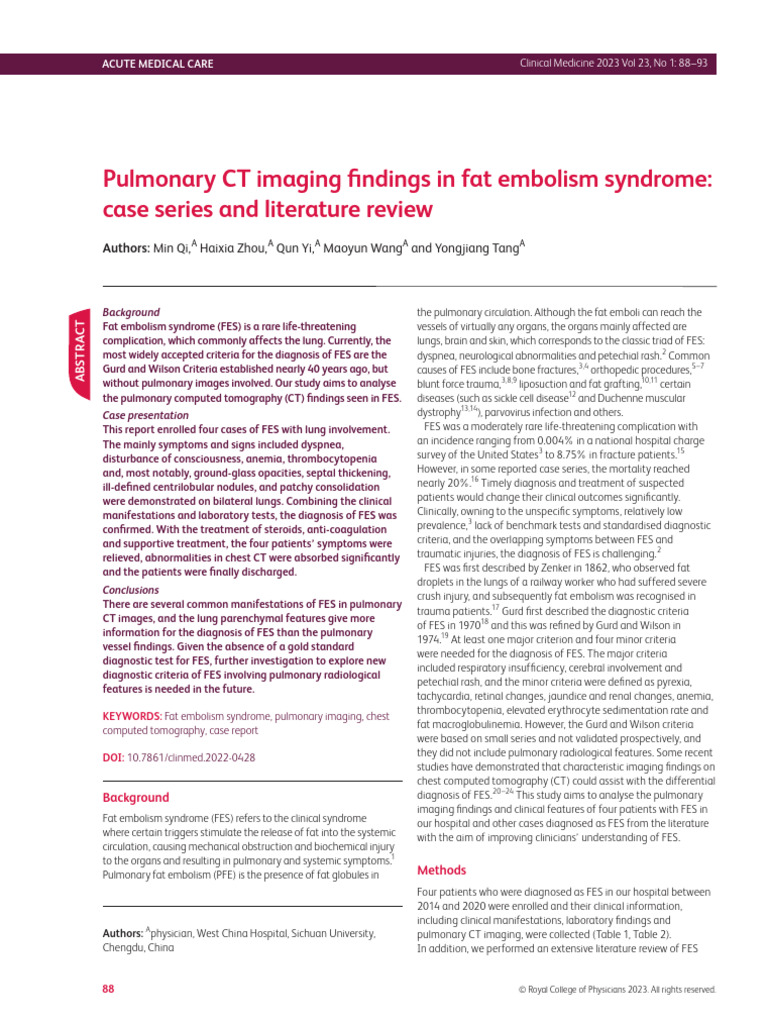 Pulmonary CT in Fat Embolism Syndrome | PDF | Ct Scan | Lung
