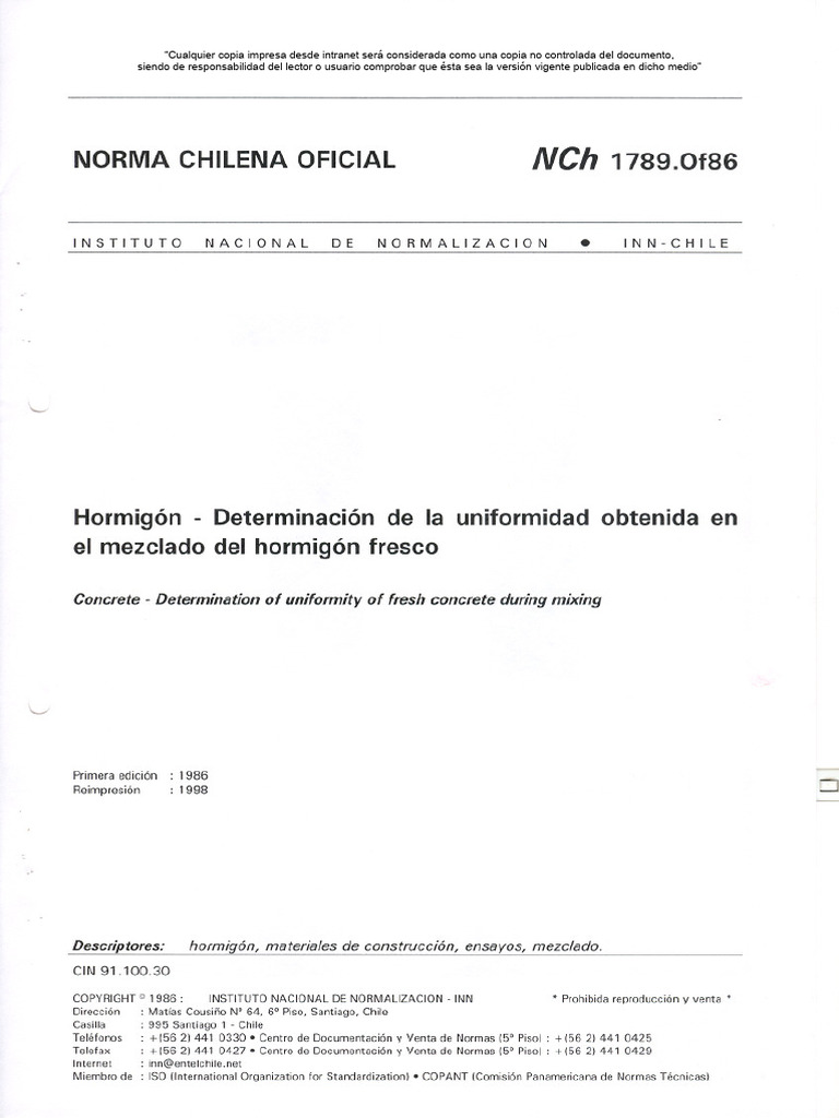 NCh1789 Of.86 - Hormigón - Determinación de La Uniformidad Mezcla ...