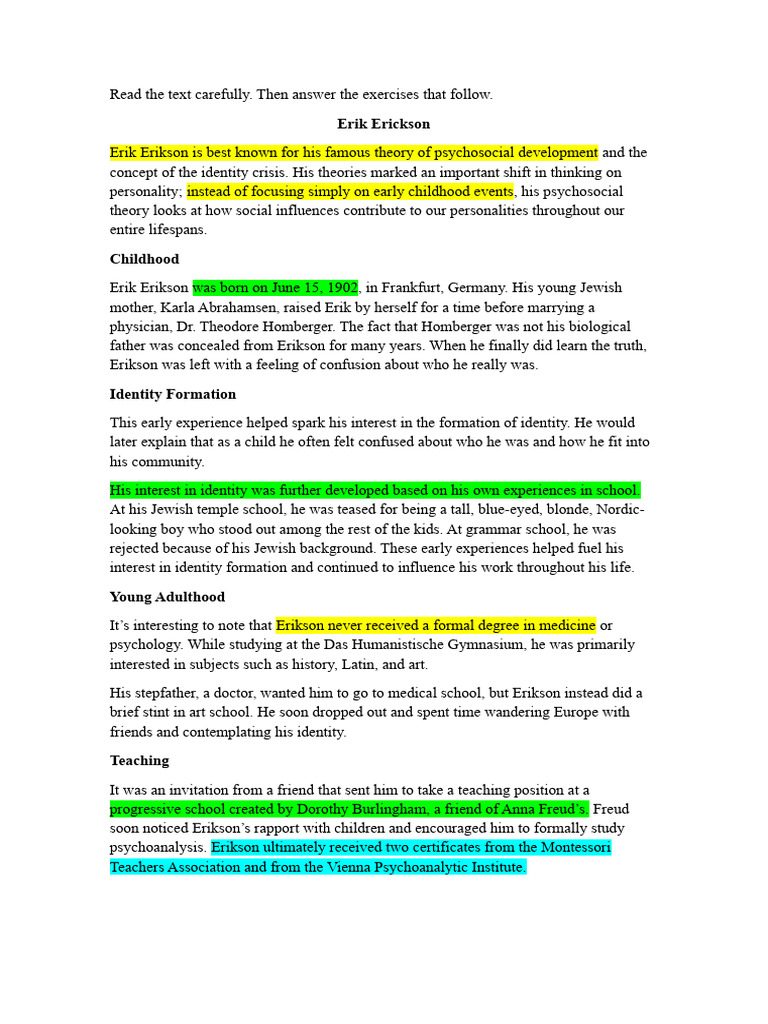 Erikson's Life & Identity Theory | PDF | Psychology | Behavioural Sciences