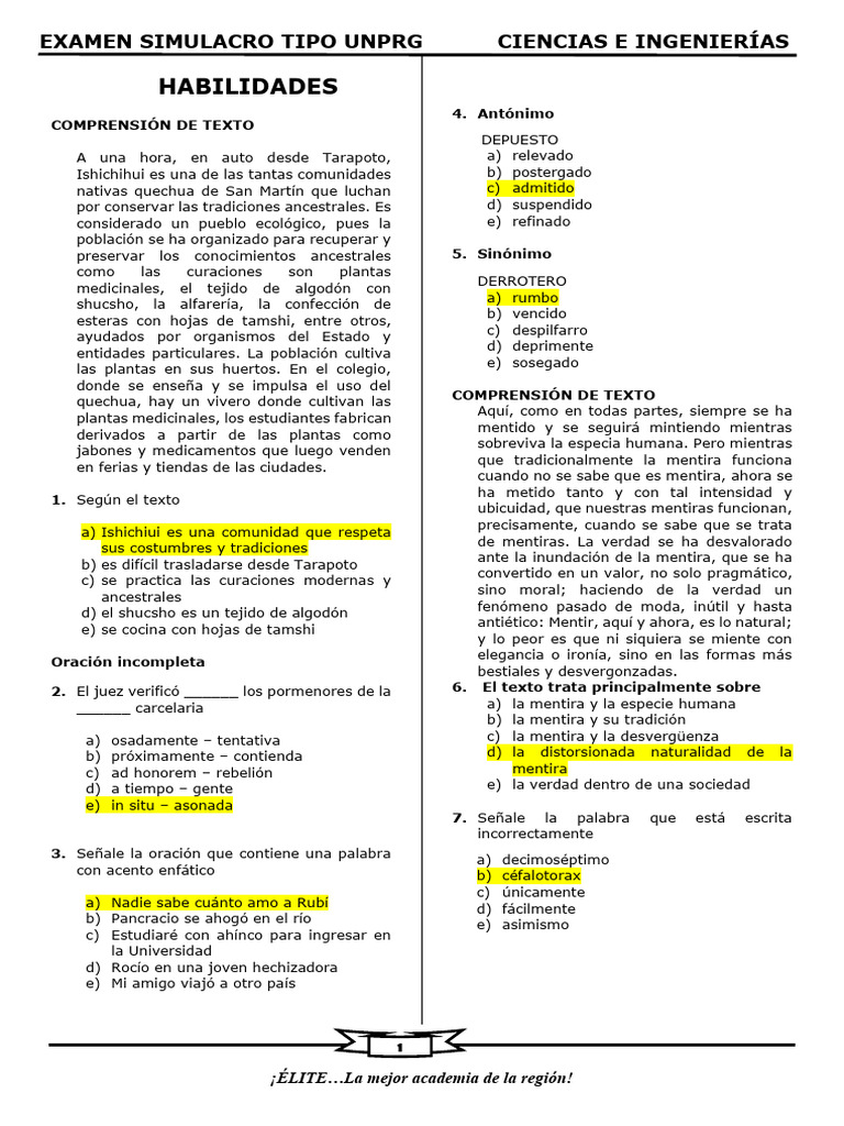 SIMULACRO TIPO EXAMEN DE ADMISION - CIENCIAS E INGENIERIAS-1 | PDF