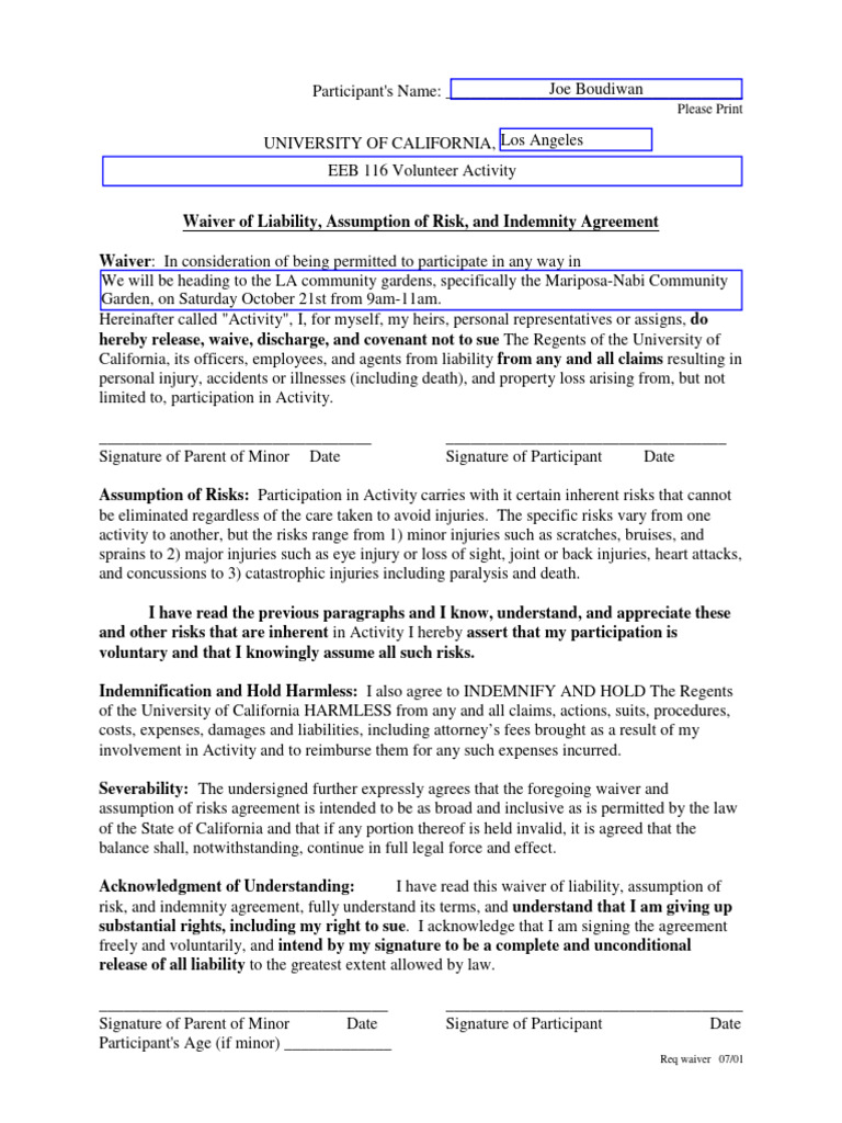 UC Liability Waiver for EEB 116 Activity | PDF | Indemnity | Justice