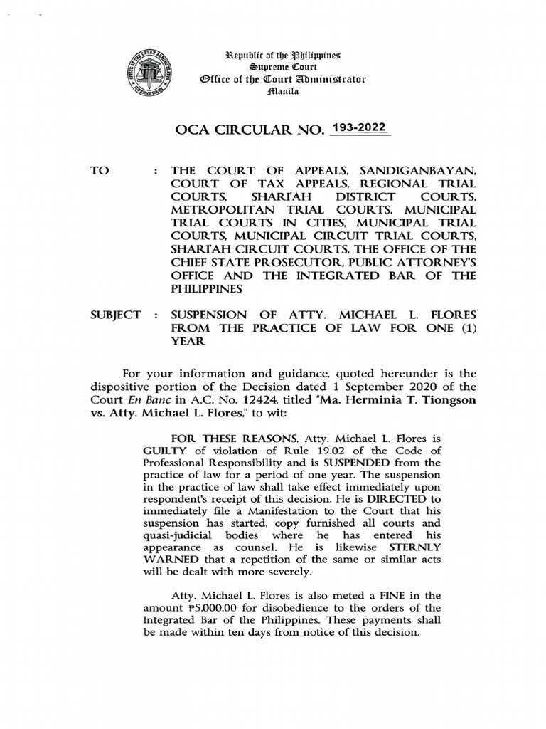 OCA Circular No. 193-2022 | PDF | Government | Courts