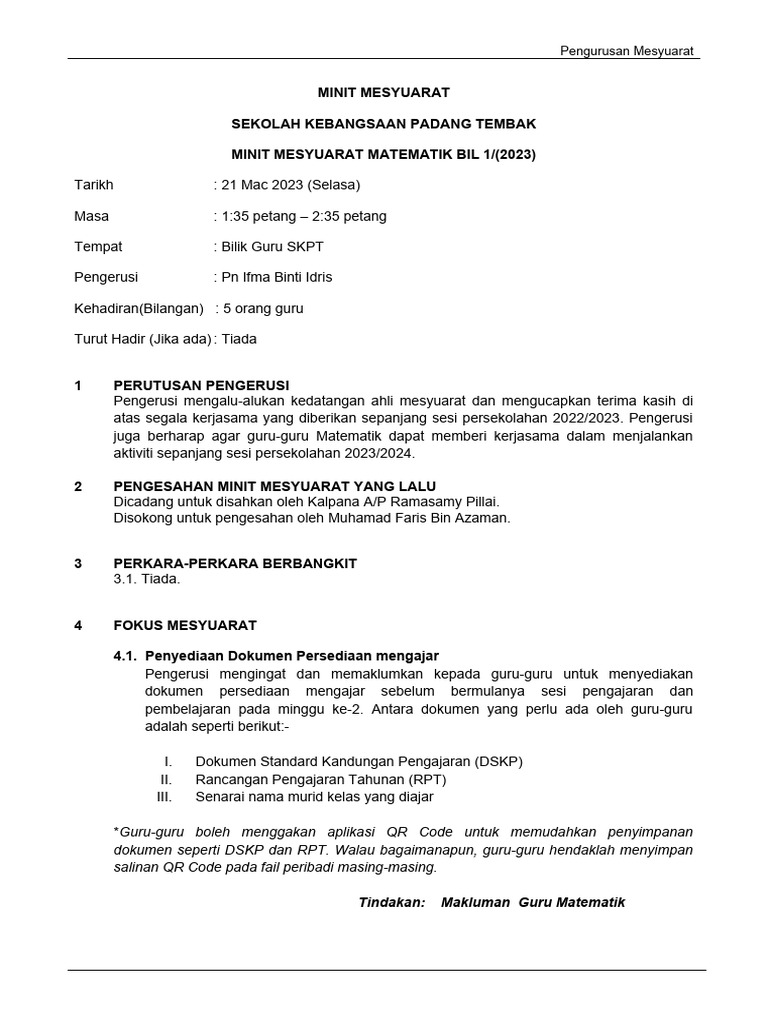 Minit Mesyuarat Matematik Bilangan 1 | PDF