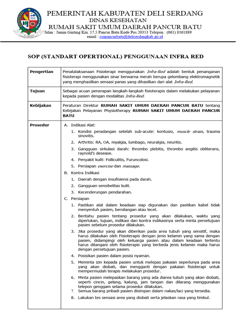 SOP Fisioterapi Infra-Red RSU Pancur Batu | PDF