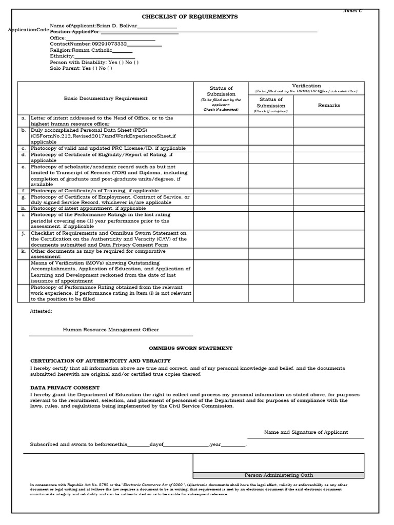 Annex-C_Checklist-of-Requirements-and-Omnibus-Sworn-Statement | PDF ... Annex-C_Checklist-of-Requirements-and-Omnibus-Sworn-Statement | PDF ...