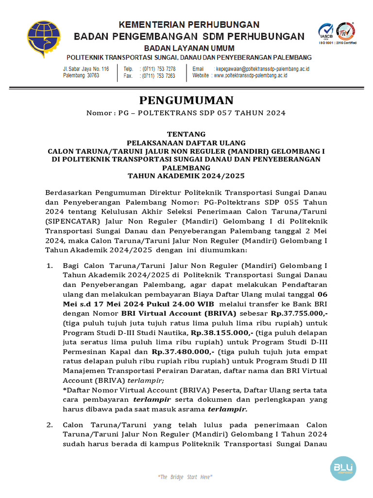 Pengumuman Pelaksanaan Daftar Ulang Mandiri Gelombang I Tahun 2024 | PDF