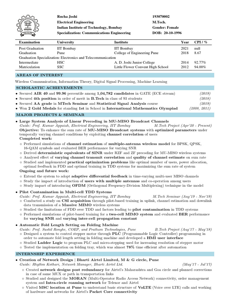 Rucha Joshi: Achievements in ECE | PDF | Mimo | Duplex (Telecommunications)