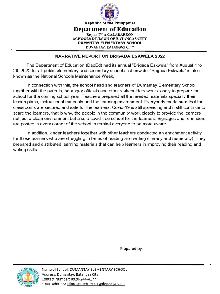 Narrative Report in Brigada Eskwela '22 | PDF | Schools | Teachers