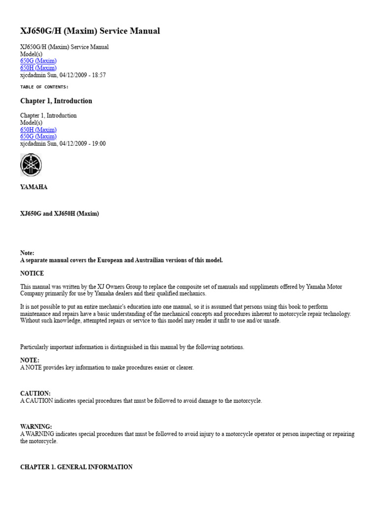 XJ650G - H (Maxim) Service Manual | PDF | Carburetor | Vehicle Parts