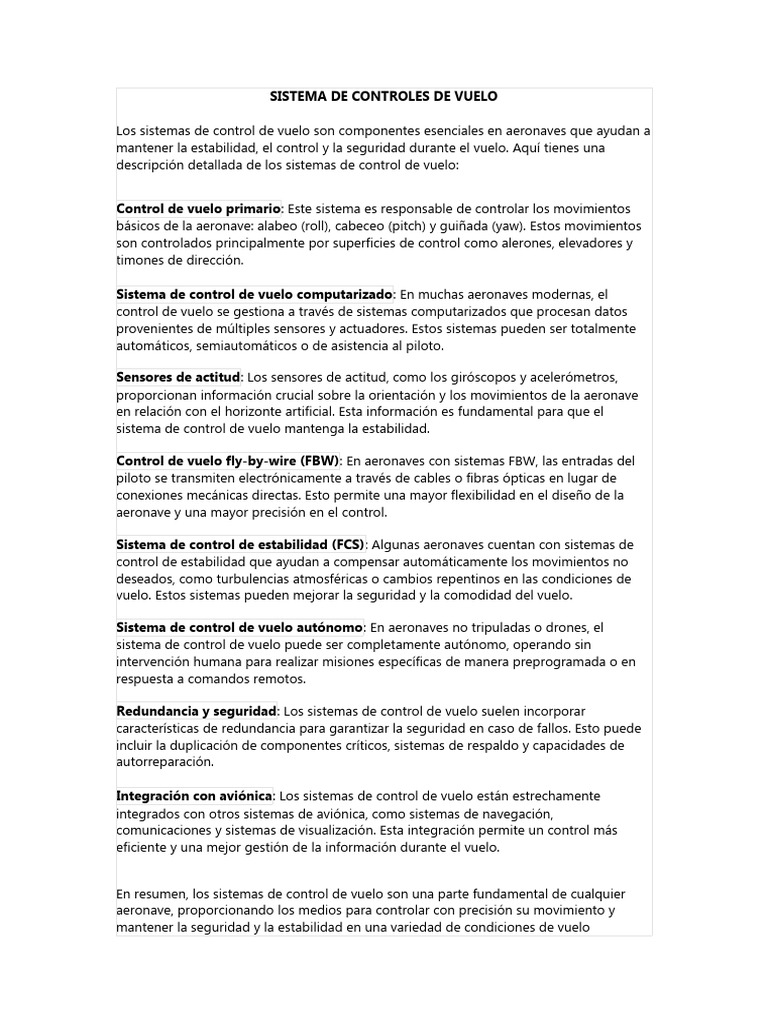 Sistema de Controles de Vuelo | PDF | Superficies de control de vuelo ...