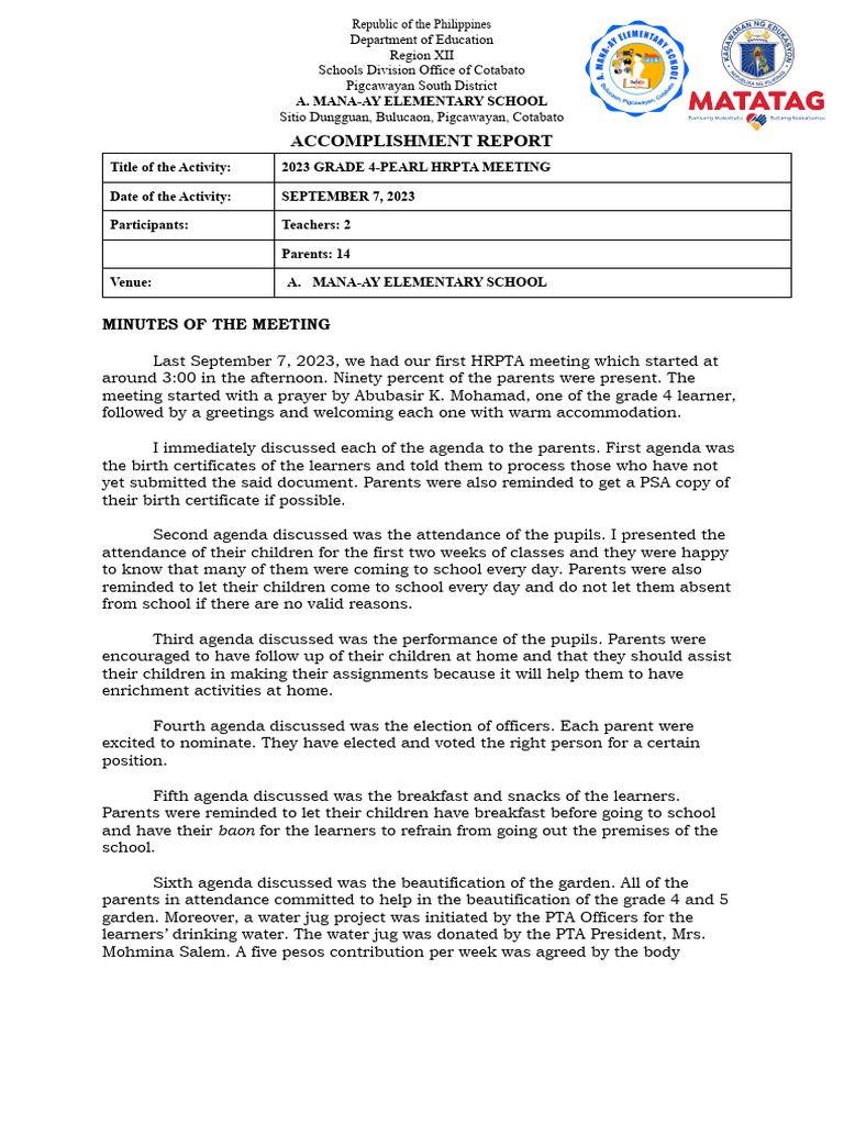 ACCOMPLISHMENT-REPORT HRPTA MEETING 2023-GRADE 4 NARRATIVE REPORT ...