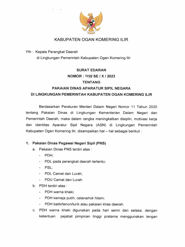 Surat Edaran Pakaian Dinas ASN 2023 | PDF