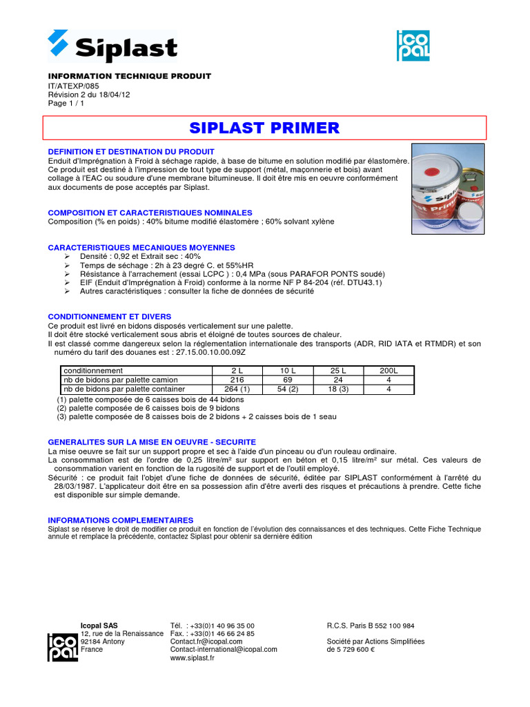 Fiche Technique Siplast Primer 25L | PDF | Substances chimiques | Matériaux
