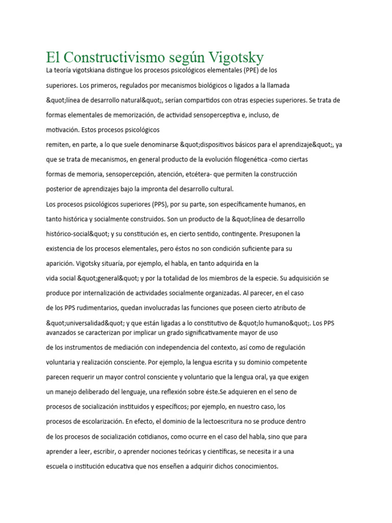 Constructivismo de Vigotsky: ZDP y Procesos Psicológicos | PDF | Sicología | Aprendizaje
