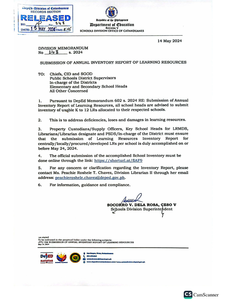 Rec DM 268 s.2024 Submission of Annual Inventory Report of Learning ...