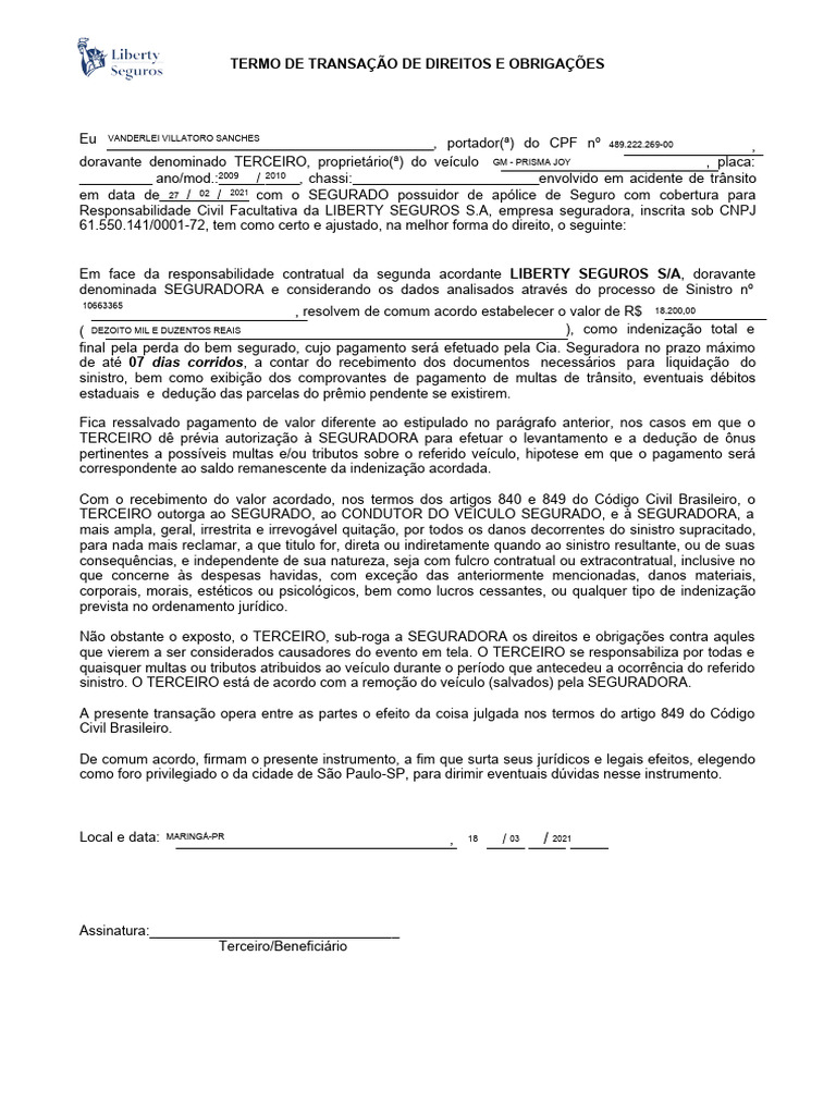 LIBERTY - Termo de Transação | PDF | Indenização | Direito Privado
