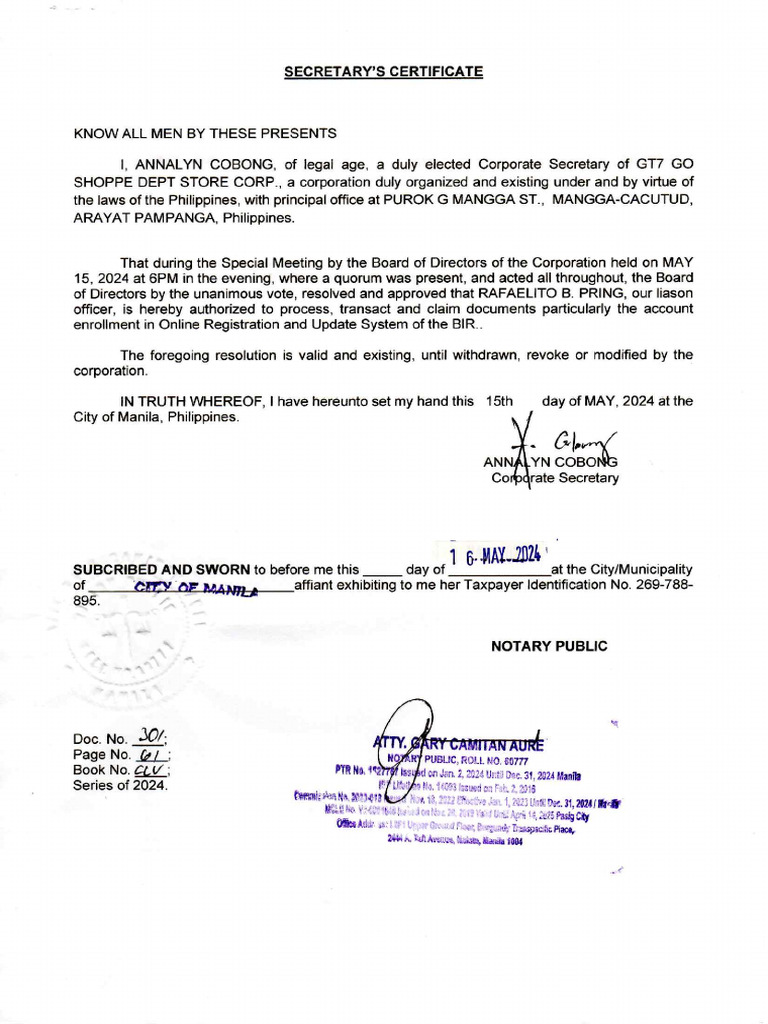 Secretary Certificate | PDF