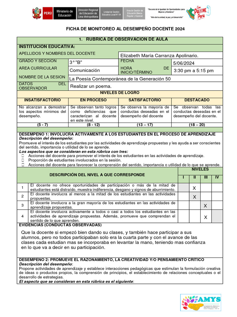 Ficha de Monitoreo Al Desempeño Docente 2024 | PDF | Aprendizaje | Creatividad