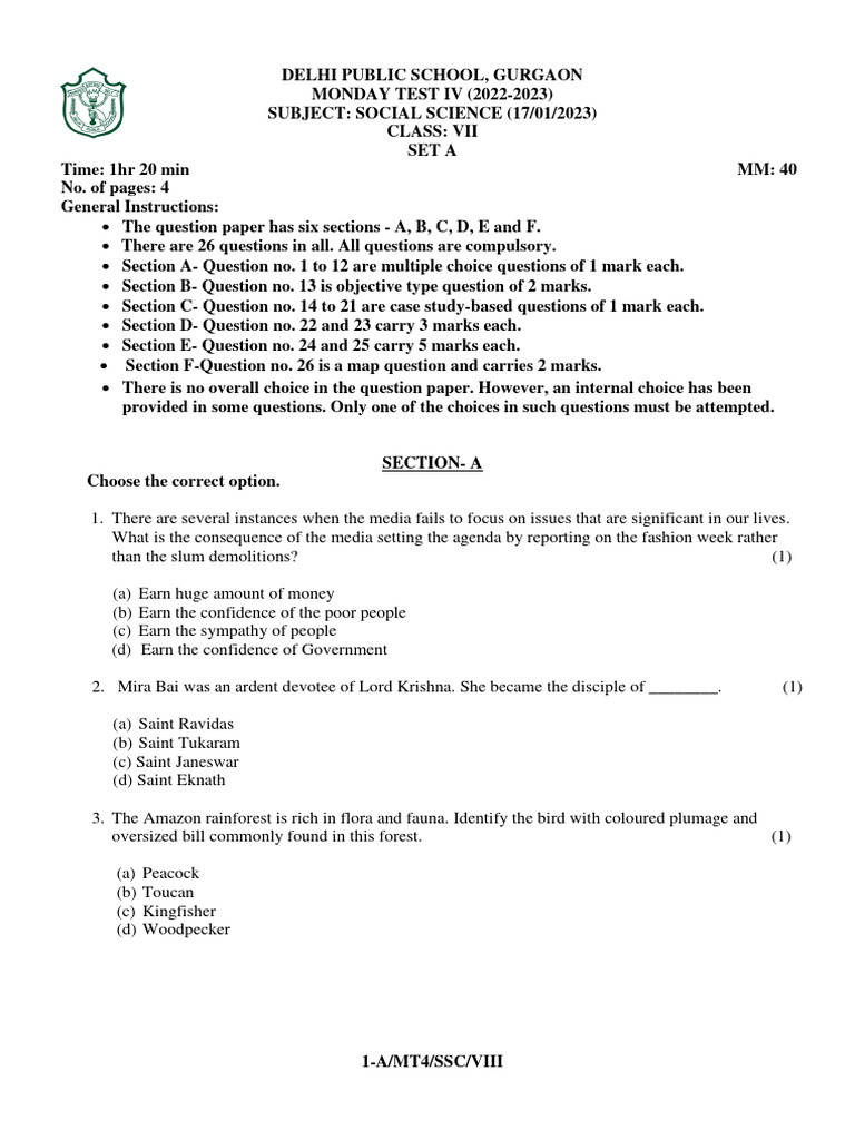 Class VII Social Science Test Paper | PDF | Bhakti Movement | Indian ...