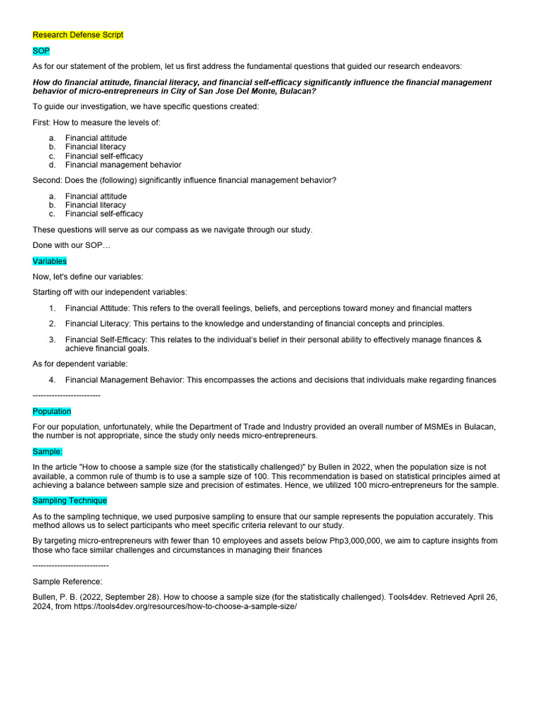Research Defense Script | PDF | Sampling (Statistics) | Self Efficacy