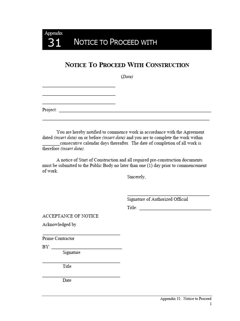 Construction Notice To Proceed Template | Download Free PDF | Just ...