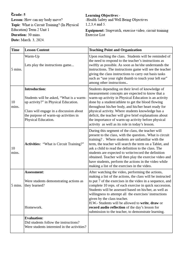 Grade 5 Circuit Training Lesson Plan | PDF | Physical Education | Teachers