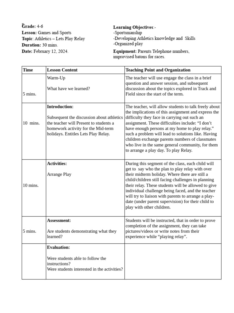 PE Lessonplan Term2 Week6 2024 | PDF | Teachers | Pedagogy