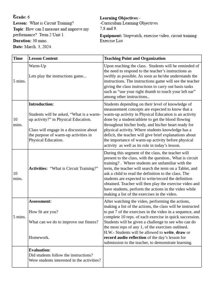 PE Lessonplan Term2 Week7 Grade 6 2024 | PDF | Physical Education ...