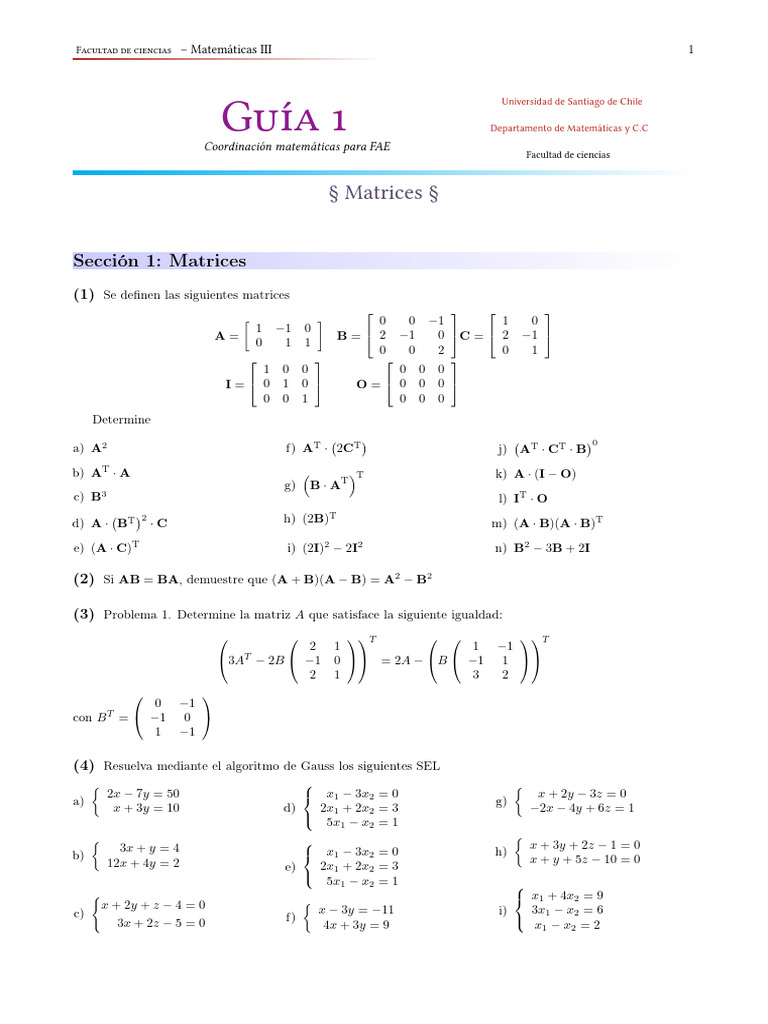 0.1 Gu - A - 1 Matrices - MATEIII - CPA - 507600 | PDF | Matriz (Matemáticas) | Ecuaciones