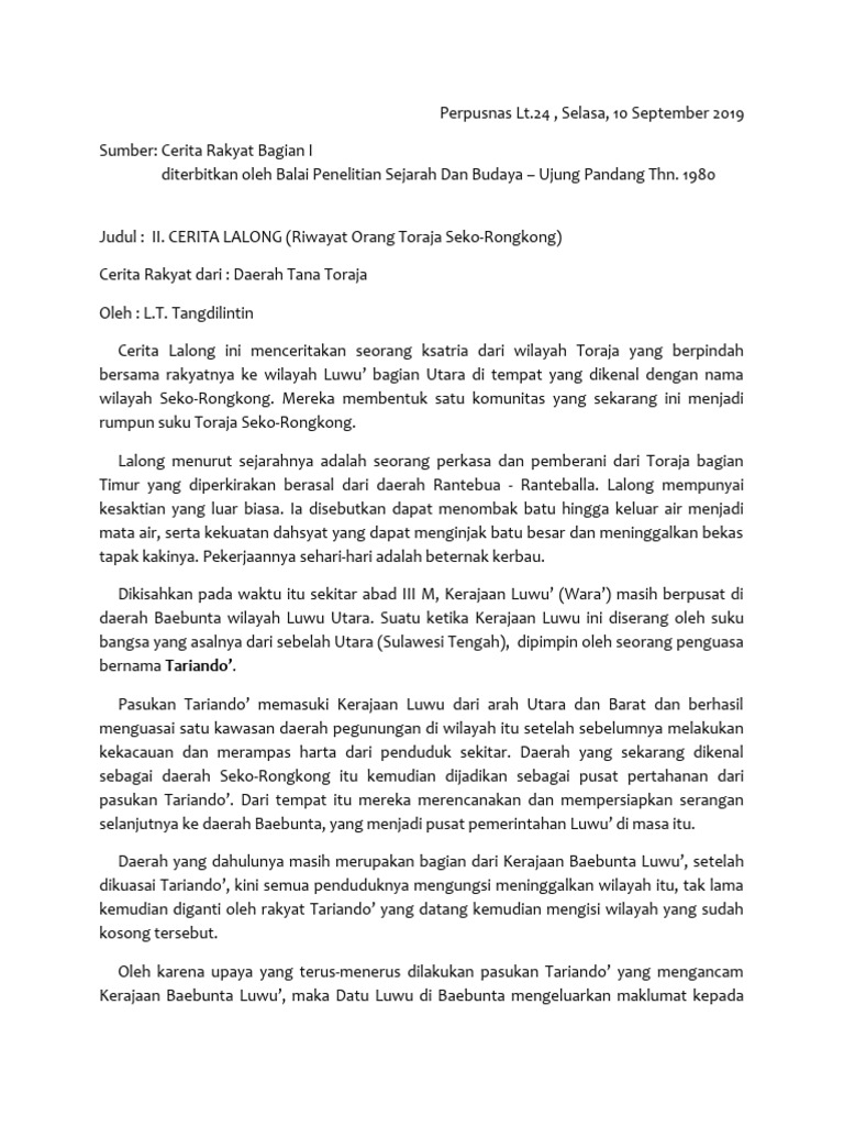 Ceritra LALONG (Ulelean Pare - Toraja) | PDF