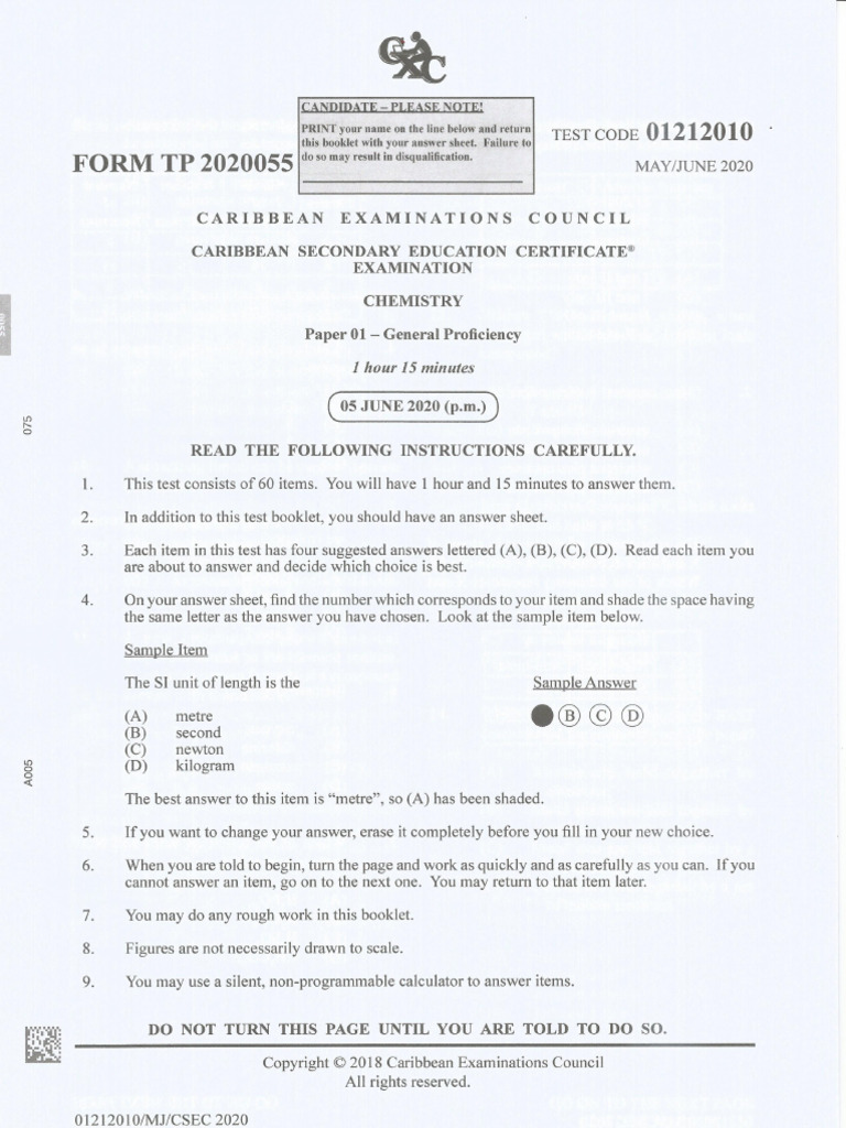 CSEC - Chemistry - P1 - 2020 Edited | PDF