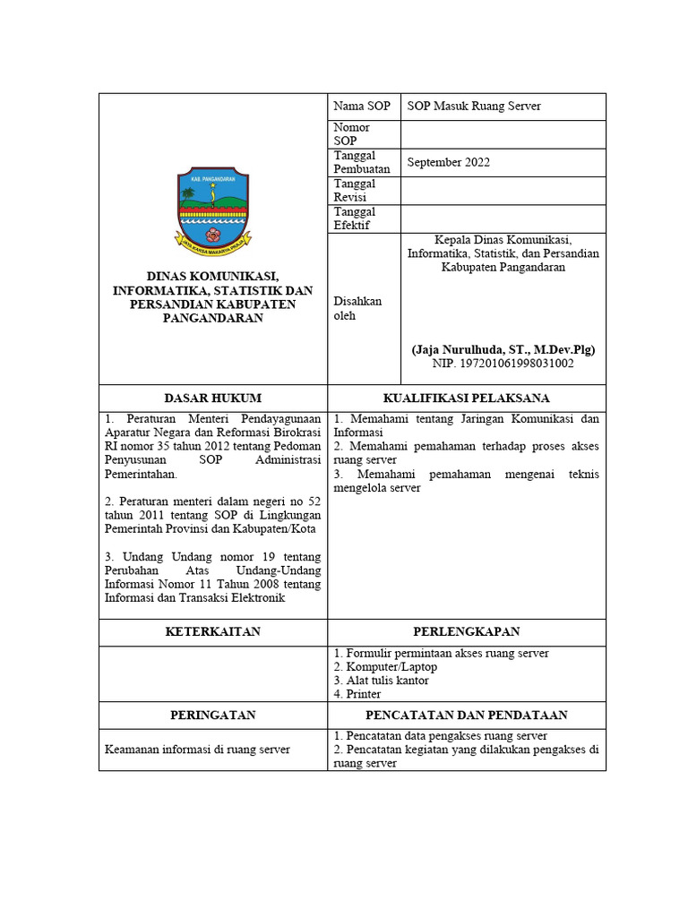 SOP Akses Ruang Server | PDF